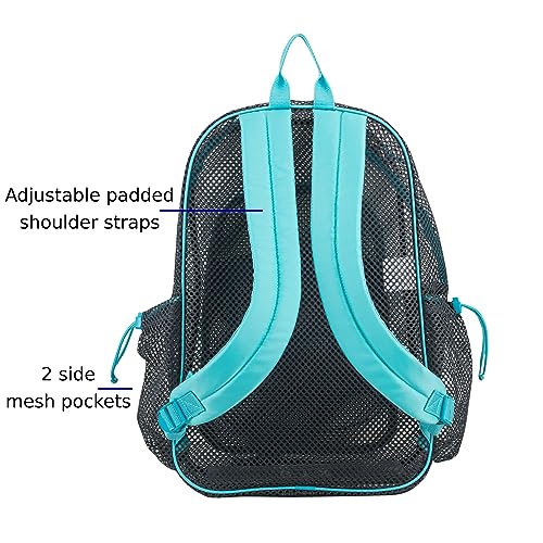 Eastsport XL Semi-Transparent Mesh Backpack with Comfort Padded Straps and Adjustable Bungee for Work, Sports, Beach, College and Security - Grey w/Blue