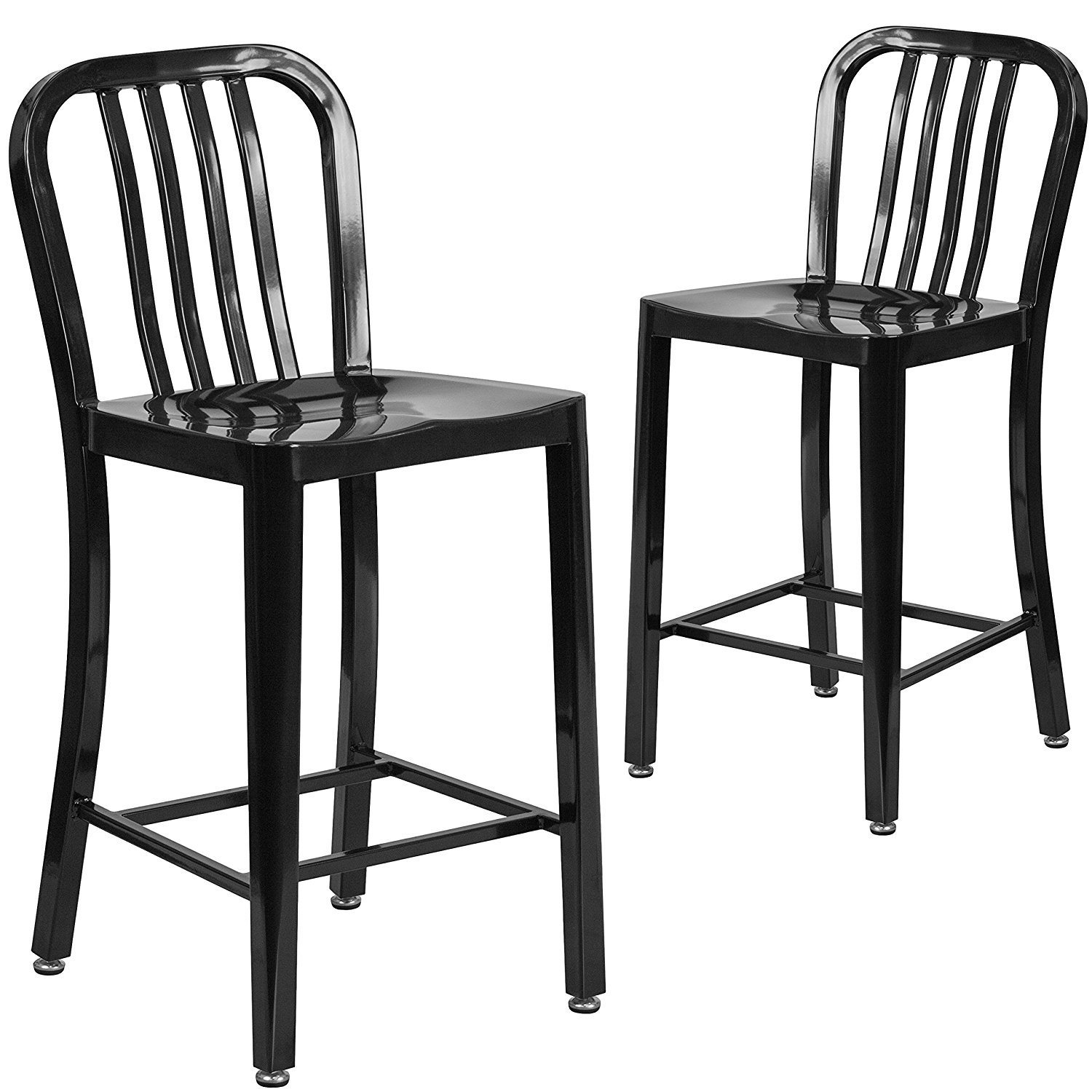 Flash Furniture Gael Commercial Grade 2 Pack 24" High Black Metal Indoor-Outdoor Counter Height Stool with Vertical Slat Back