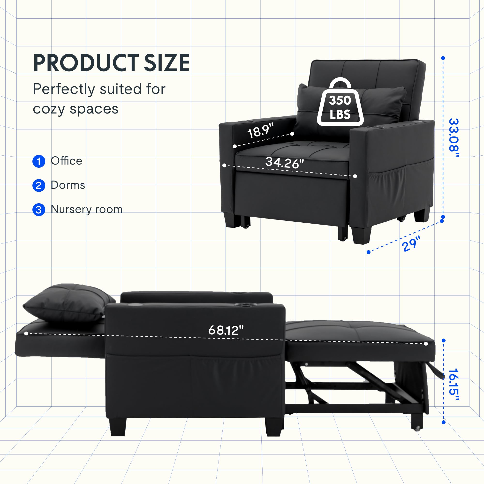 FLEXISPOT XCT2 Sleeper Chair Bed, Sofa Bed Chair 3 in 1 w/USB Port, Pillow, Cup Holders, Convertible Pull Out Bed W/Adjustable Backrest for Living Room Apartment Small Space, Black