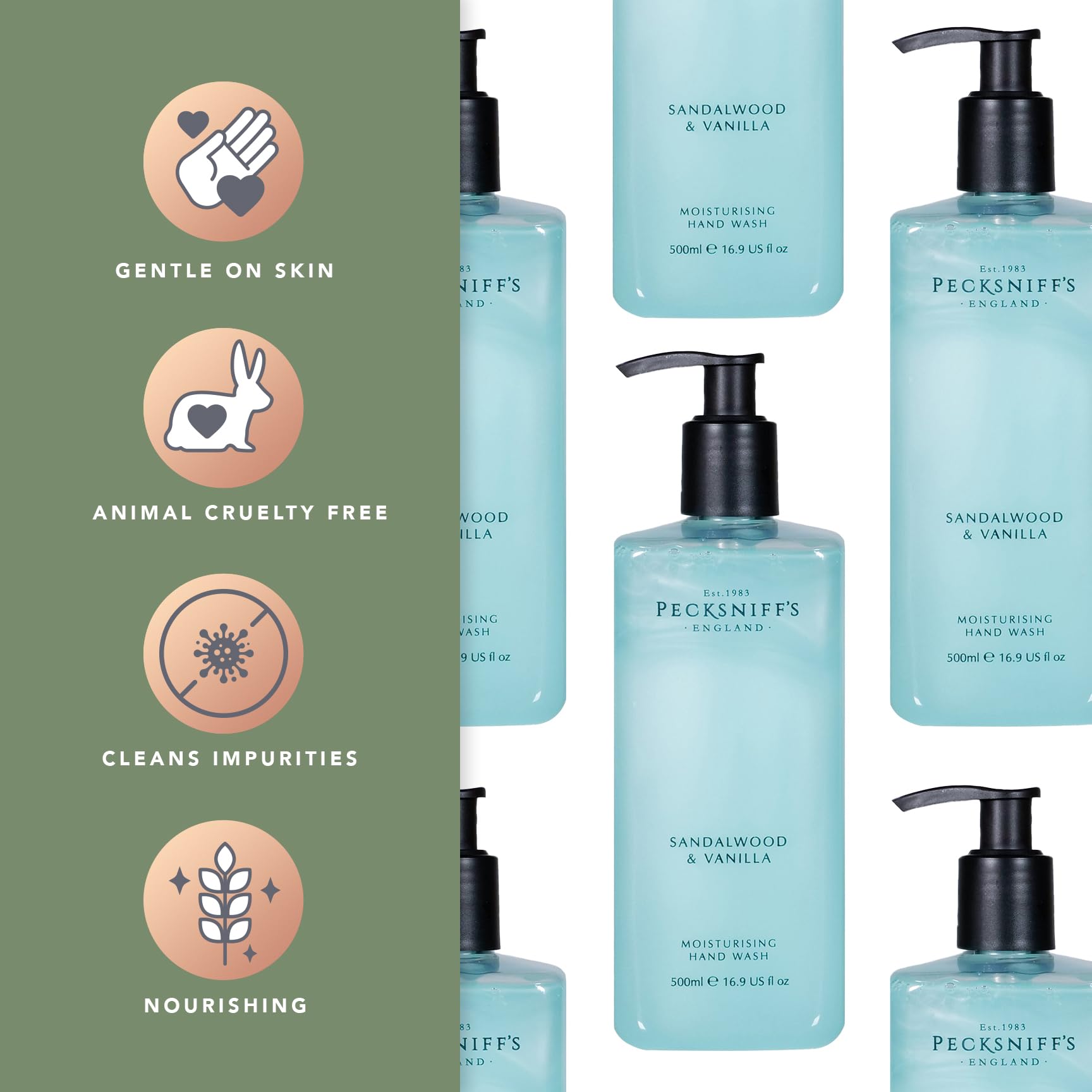 Pecksniff's Moisturizing Hand Wash - Vitamin B Enriched, Natural & Gentle Cleanser, Luxurious Hand Wash 500ml/16.9 fl oz (Sandalwood & Vanilla)