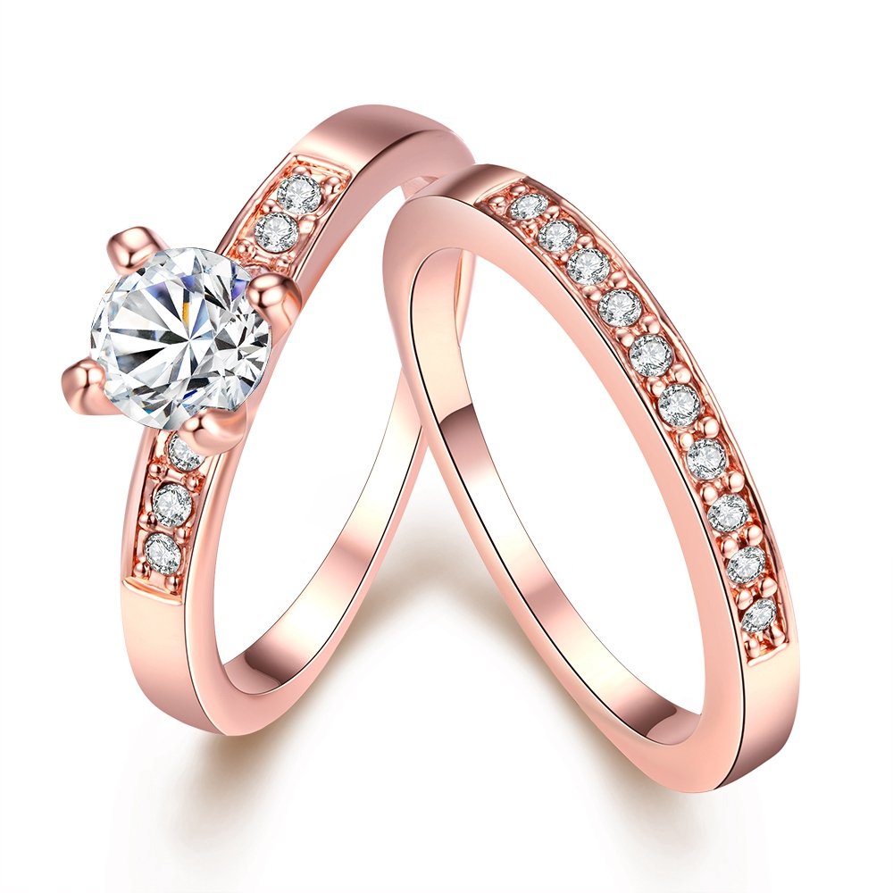 Bistoon Engagement Rings Set 2pcs with Real 18K Rose Gold Plated CZ Zircon Promise Rings Anniversary Wedding (Rose-Gold-Plated-Base, 7)