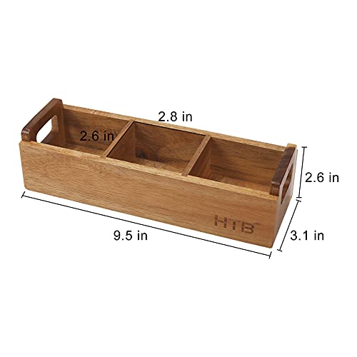 HTB Small Tea Bag Box Wooden, 3 Compartments Acacia Wood Tea Bag Chest with Handle, Mini Countertop Divided Storage Container for Beverage Supplies, Sugar, Sweeteners, Individual Packets