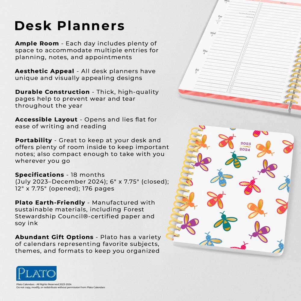 Busy Bees | 2024 6 x 7.75 Inch 18 Months Weekly Desk Planner | Foil Stamped Cover | July 2023 - December 2024 | Plato | Planning Stationery