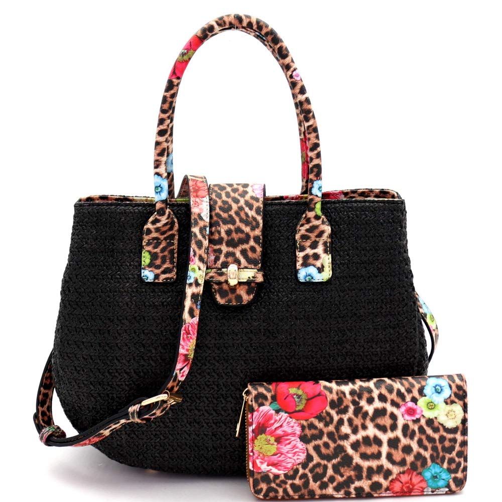 Boho Flower Leopard Print Summer Woven Straw Crossbody Satchel Tote Wallet Set (Leopard Flower Print Tote Set - Taupe)