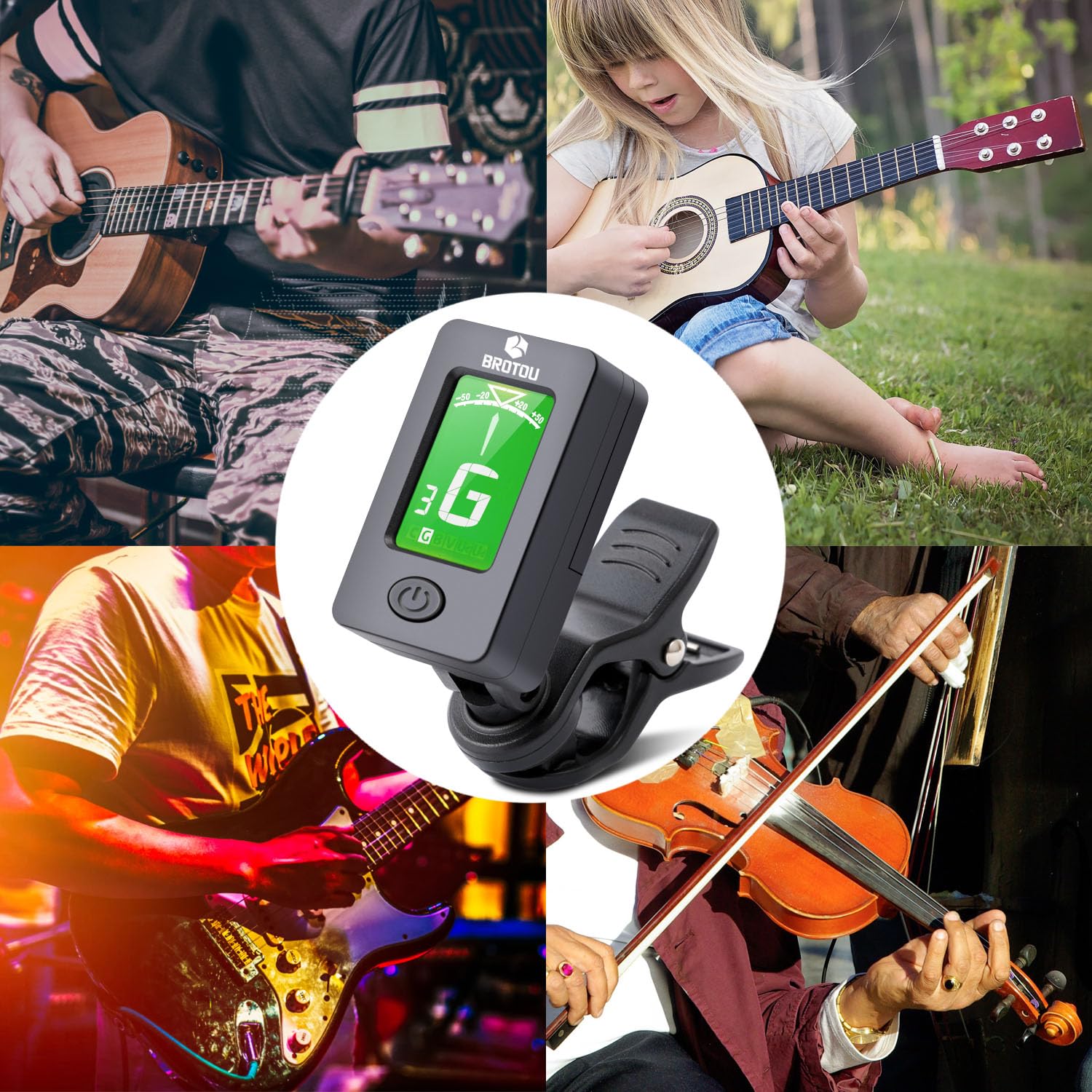 BROTOU Guitar Tuner Clip On with Guitar Capo for Guitar, Bass, Violin, Ukulele, Digital Electronic Tuner Acoustic Guitar Accessories with LCD Display (3 Guitar Picks)
