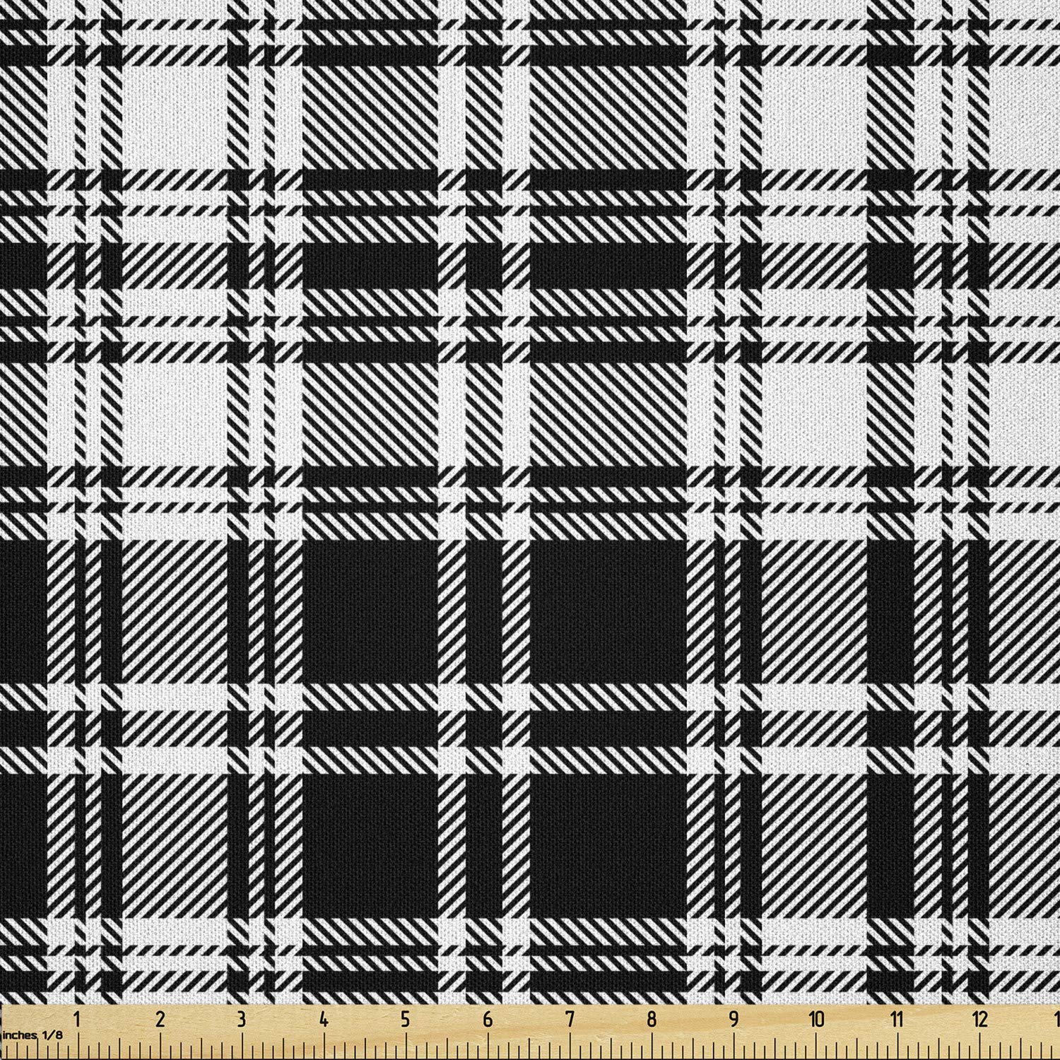 Lunarable Plaid Fabric by The Yard, Monochrome Style Vintage English Stripes and Checks Pattern Abstract Grunge Look, Microfiber Fabric for Arts and Crafts Textiles & Decor, 1 Yard, Black and White