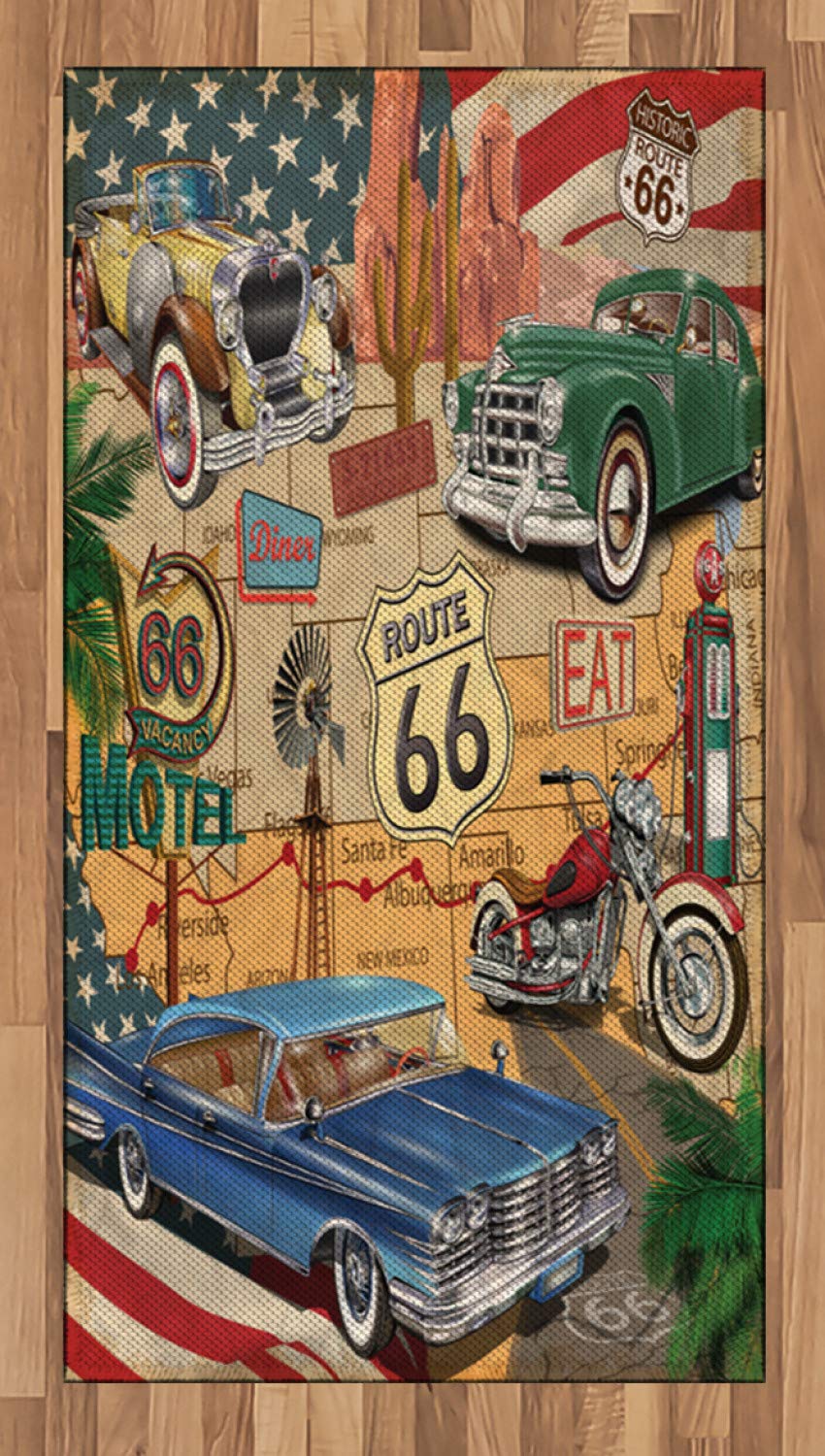 Lunarable Route 66 Area Rug, Old Fashioned Cars Motorcycle on a Map Road Trip Journey American USA Concept, Flat Woven Accent Rug for Living Room Bedroom Dining Room, 2' 6" x 5', Beige Red