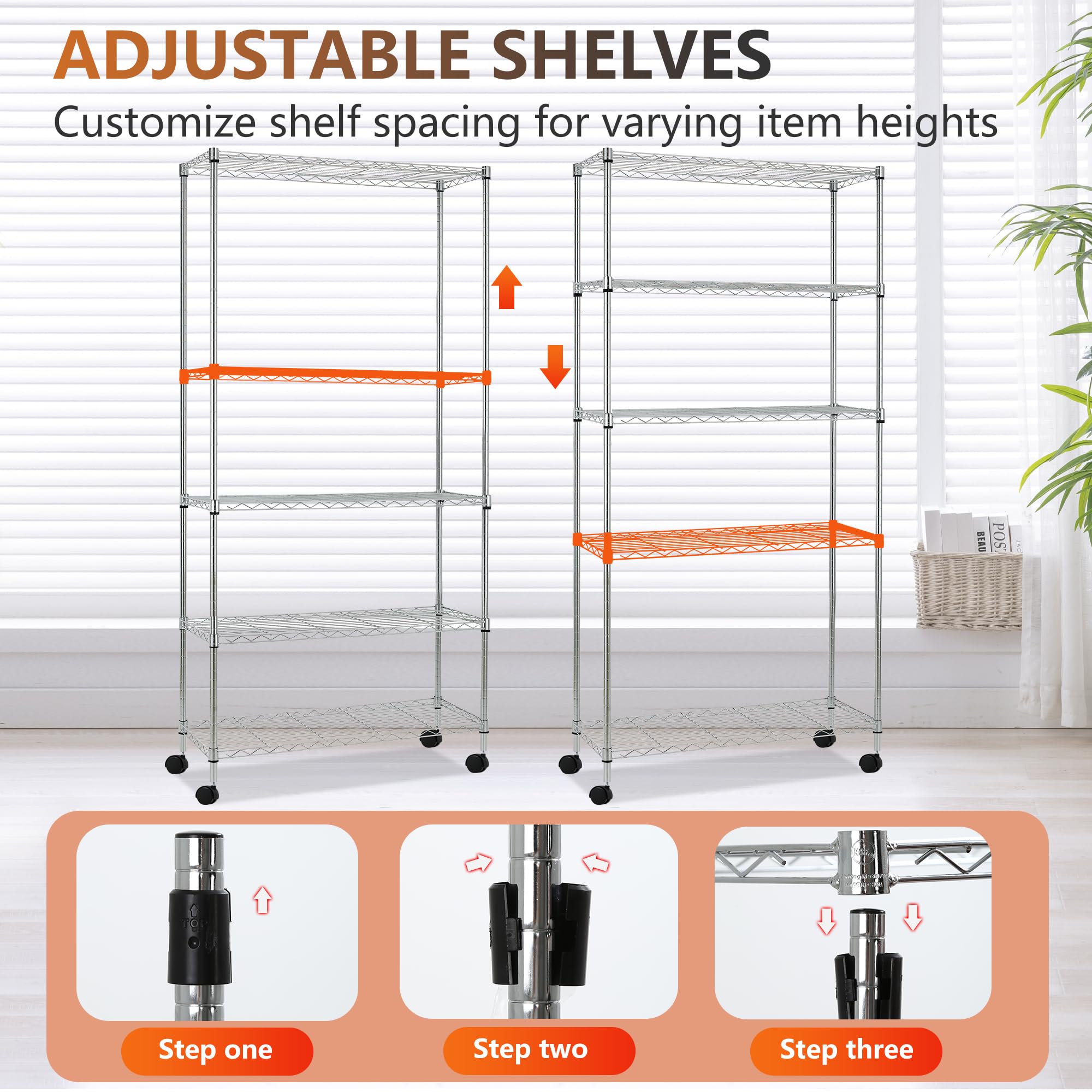 FDW Storage Shelves Adjustable Storage Rack Wire Shelf with Wheels Outstanding Load Metal 5 Tier Shelves Shelf Storage Solution for Small Spaces Multifunctional Easy Assembly,Chrome