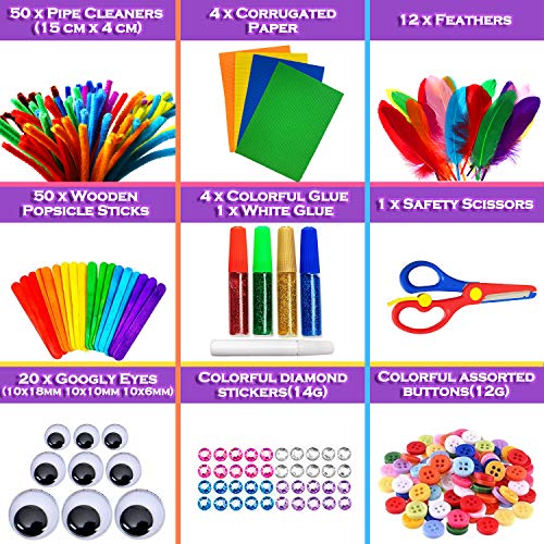 MOISO Kids Crafts and Art Supplies Jar Kit - 560+ Piece Set - Make Bracelets and Necklaces - Plus Glitter Glue, Construction Paper, Colored Popsicle Sticks, Google Eyes, Pipe CleanersâŚ