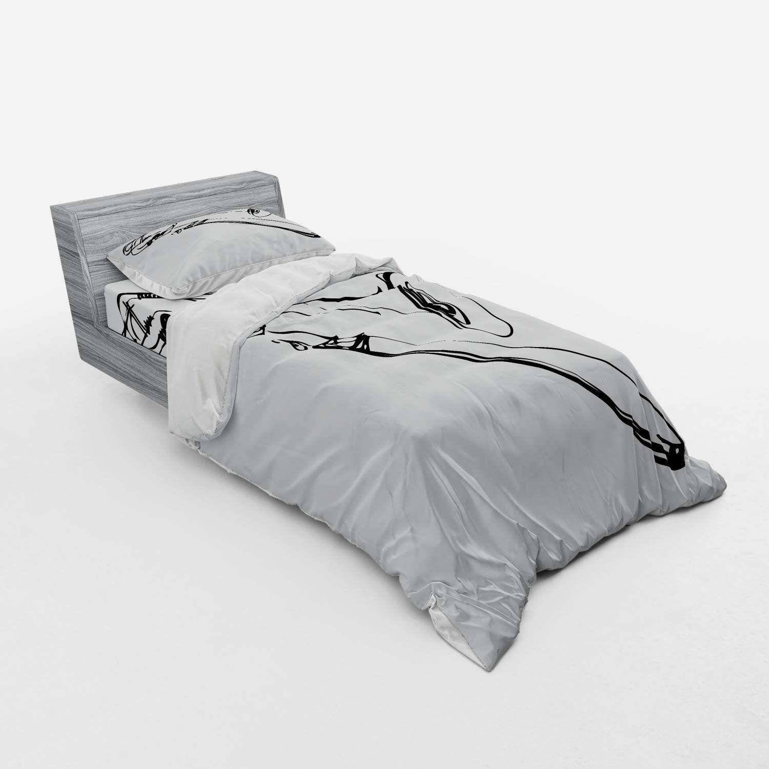 Lunarable Trombone Bedding Set, Sketch Artwork of a Brass Musical Instrument Sackbut Talent and Performance, 3 Piece Duvet Cover Set with Sham and Fitted Sheet, Twin Size, Black and White