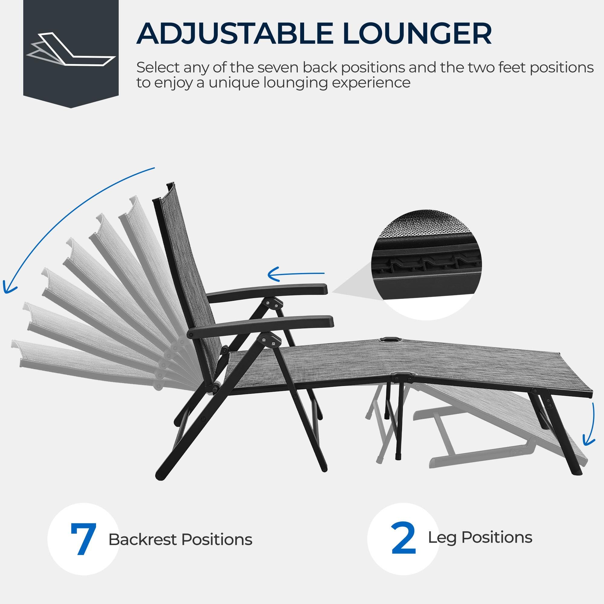 Yaheetech Outdoor Folding Chaise Lounge Set of 2 Patio Reclining Chairs w/Adjustable 7-Position Back for Beach Pool Garden Yard Deck Gray