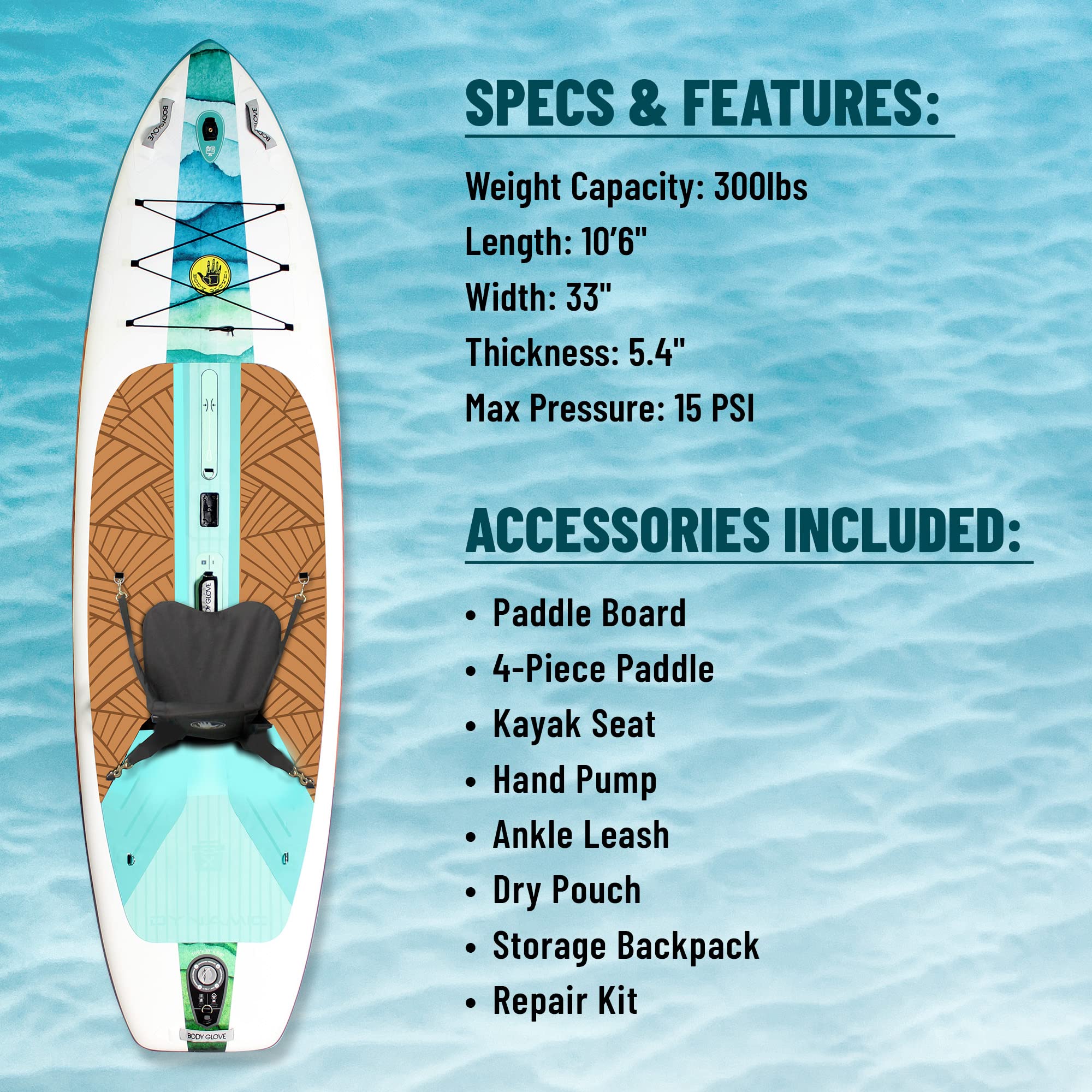 Body Glove Dynamic Inflatable Paddle Board Package, Paddleboard Coverts to a Kayak