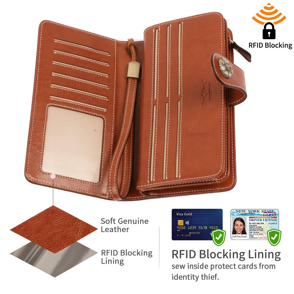 Pearl Angeli Women Wallet Genuine Leather Charming Ladies Wristlet Tri-fold Rfid Blocking Credit Card Holder Organizer Clutch(Brown)