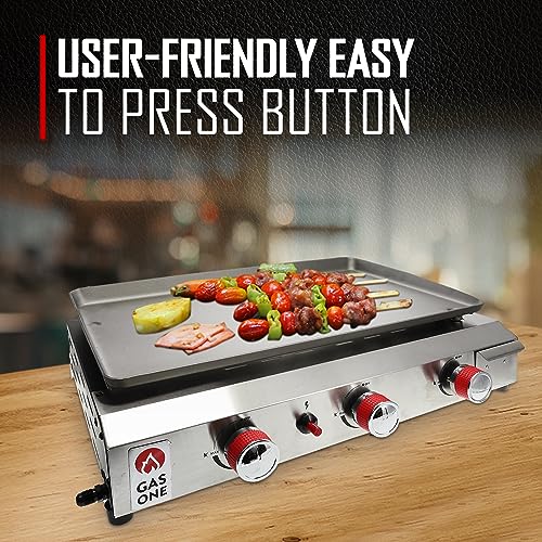 Gas One Flat Top Grill with 3 Burners β Auto Ignition Propane Portable Gas Grill β Premium Stainless Steel Body Tabletop Grill with Pre Season Griddle β Convenient Drip Tray β Ideal for RV, Camping