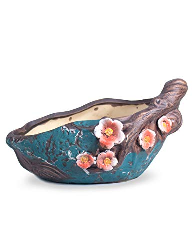 Dahlia 7" Oval Vintage Style Floral Detail Ceramic Succulent Planter/Plant Pot/Flower Pot, Turquoise