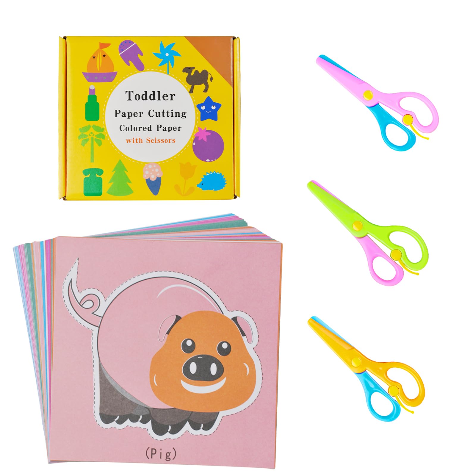FUPAXN Set For Paper-cutting:DIY Fun Paper-cutting,Safety Scissors For Children - Plastic, Dual-Color Preschool Training Scissors(3 Pack), Paper Cutting(96 Pcs), Colour