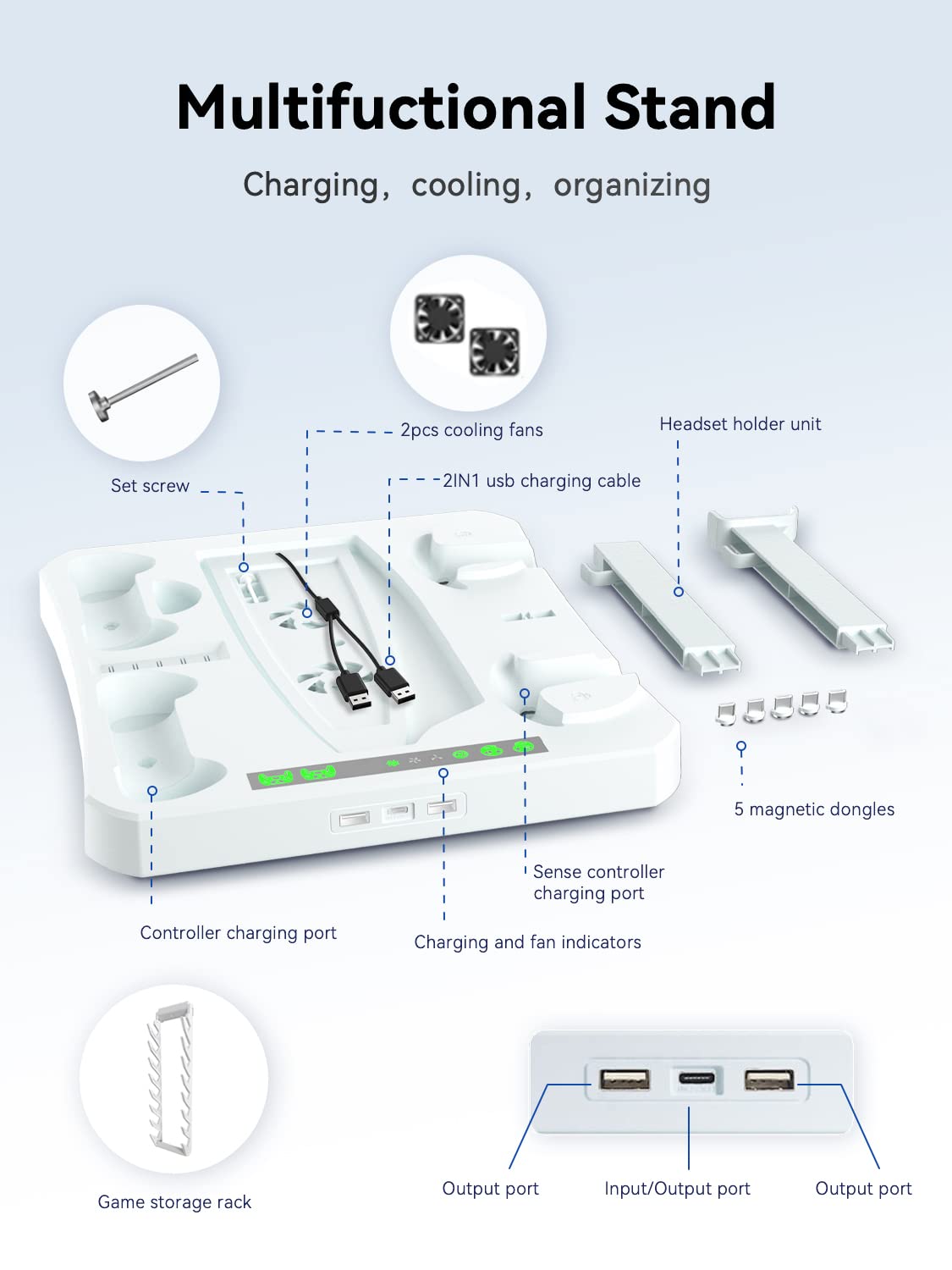 CNBEYOUNG All in One Magnetic Charging Station Dock for Controllers of PSVR 2&PS5, Storage Stand for PS5 Console with Dual Cooling Fan and Mount Holder for PS VR2 VR Headset and Game Slot