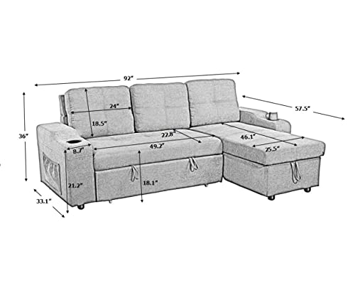 Longrune Modern Velvet Sectional Convertible with 2 Cupholders and Two Side Pockets,Reversible Pull Out Couch Storage Chaise Lounge for Living Room Apartment, Dark Gray