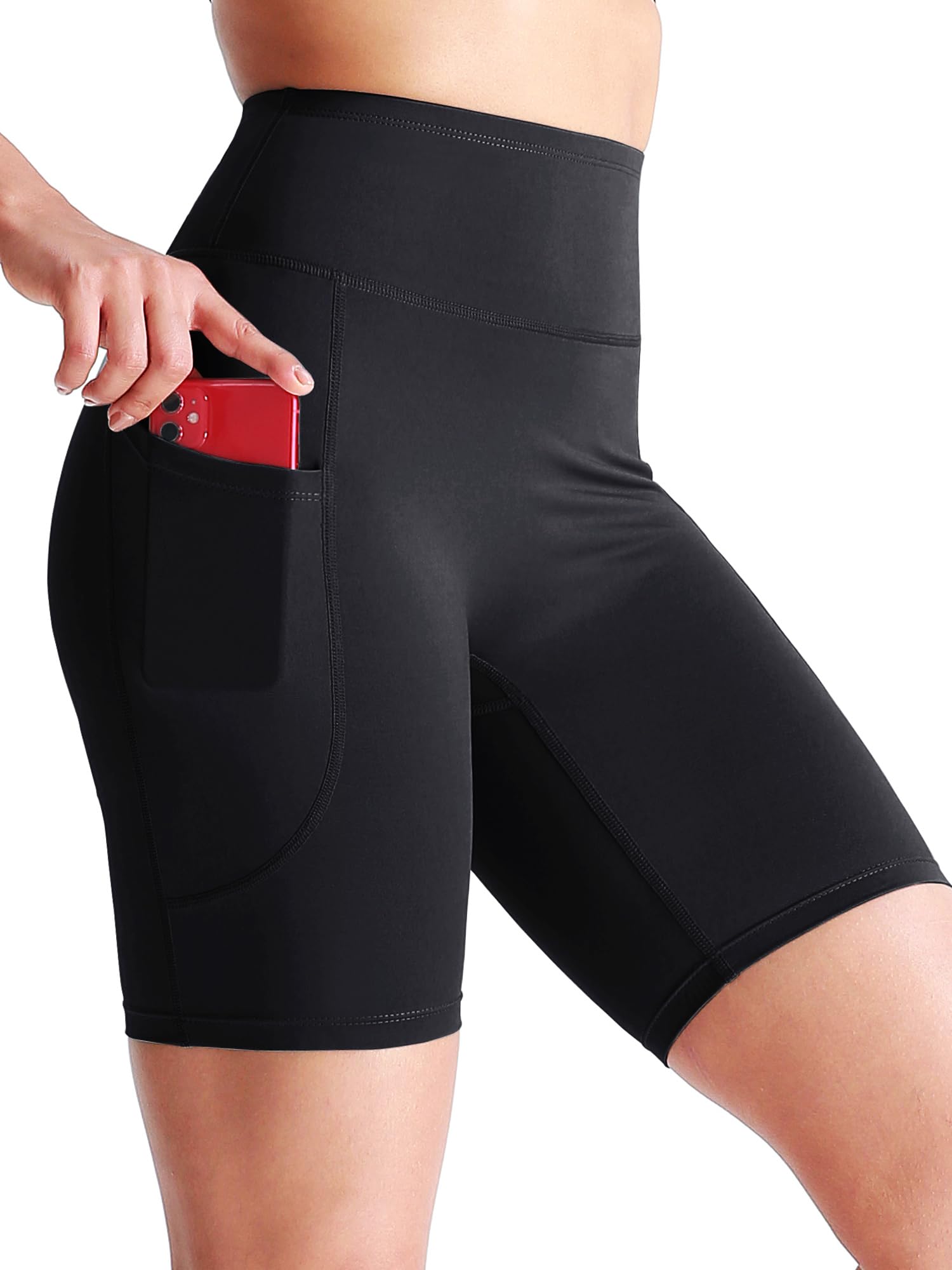 CADMUS 3 Pack High Waisted Shorts for Women 8" Workout Biker Shorts w Two Side Pockets,3044,Pack of 3,Black,Grey,Red,X-Large
