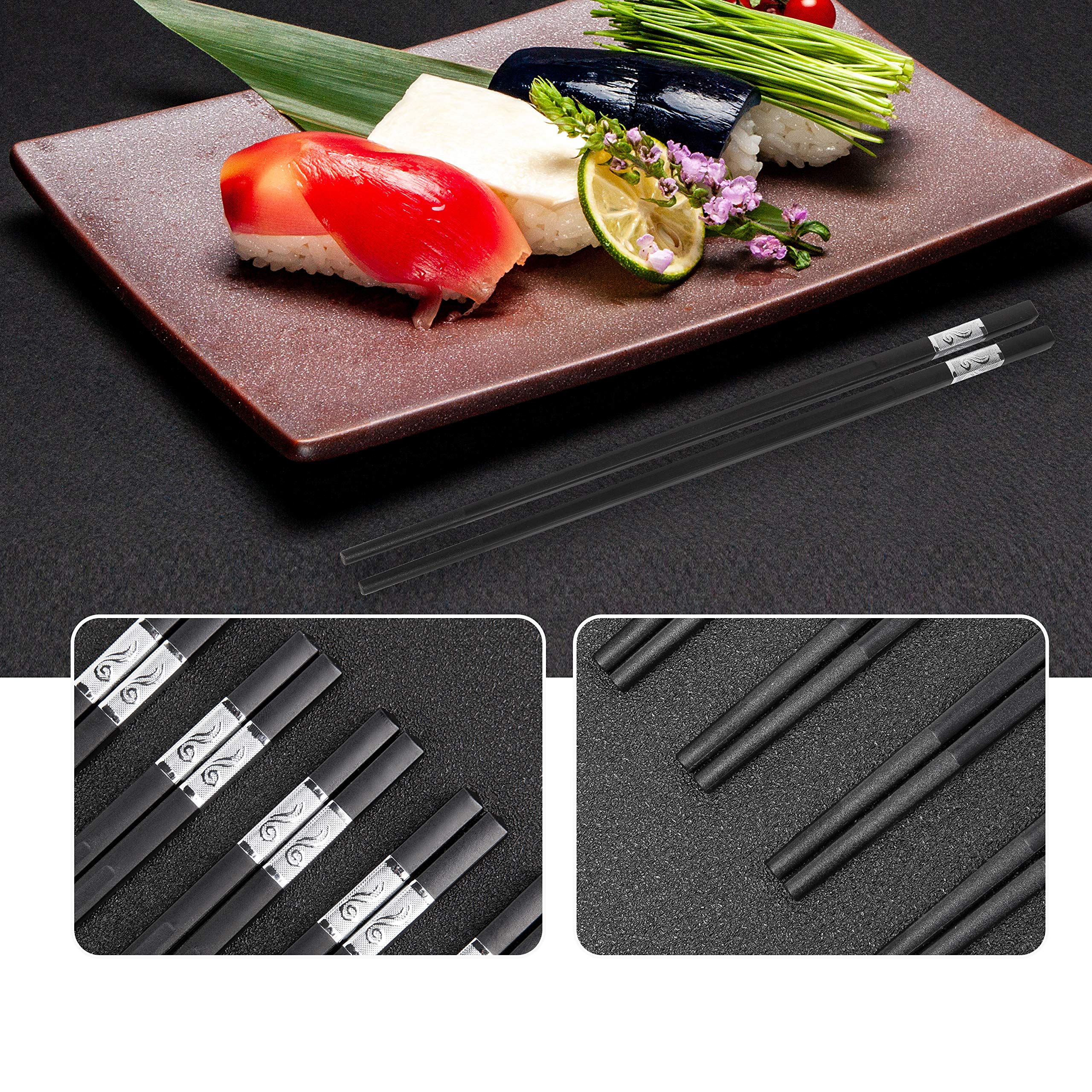 Lourmet 10 Pair Fiberglass Chopsticks – 9.5 Inches Long Reusable Chopsticks Dishwasher Safe for Asian Food, Light Weight Japanese Chopsticks Strong Grip Sturdy Material – Black Silver Chopsticks Set