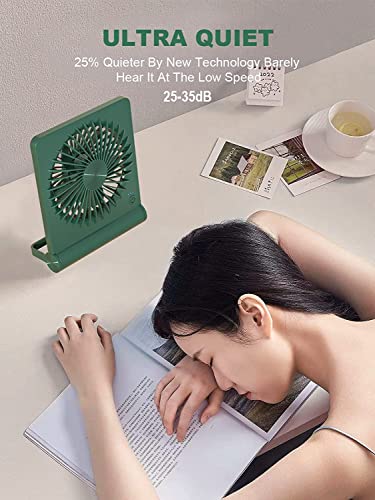 Tevelecin Small Desk Fan, 2000mAh Rechargeable USB Fan Battery Operated,Ultra Quiet, Strong Wind, 3 Speeds & about 4-12 Hours Longer Working, 180°Foldable Mini Desktop Fan for Home Office Travel Outdoor-Green