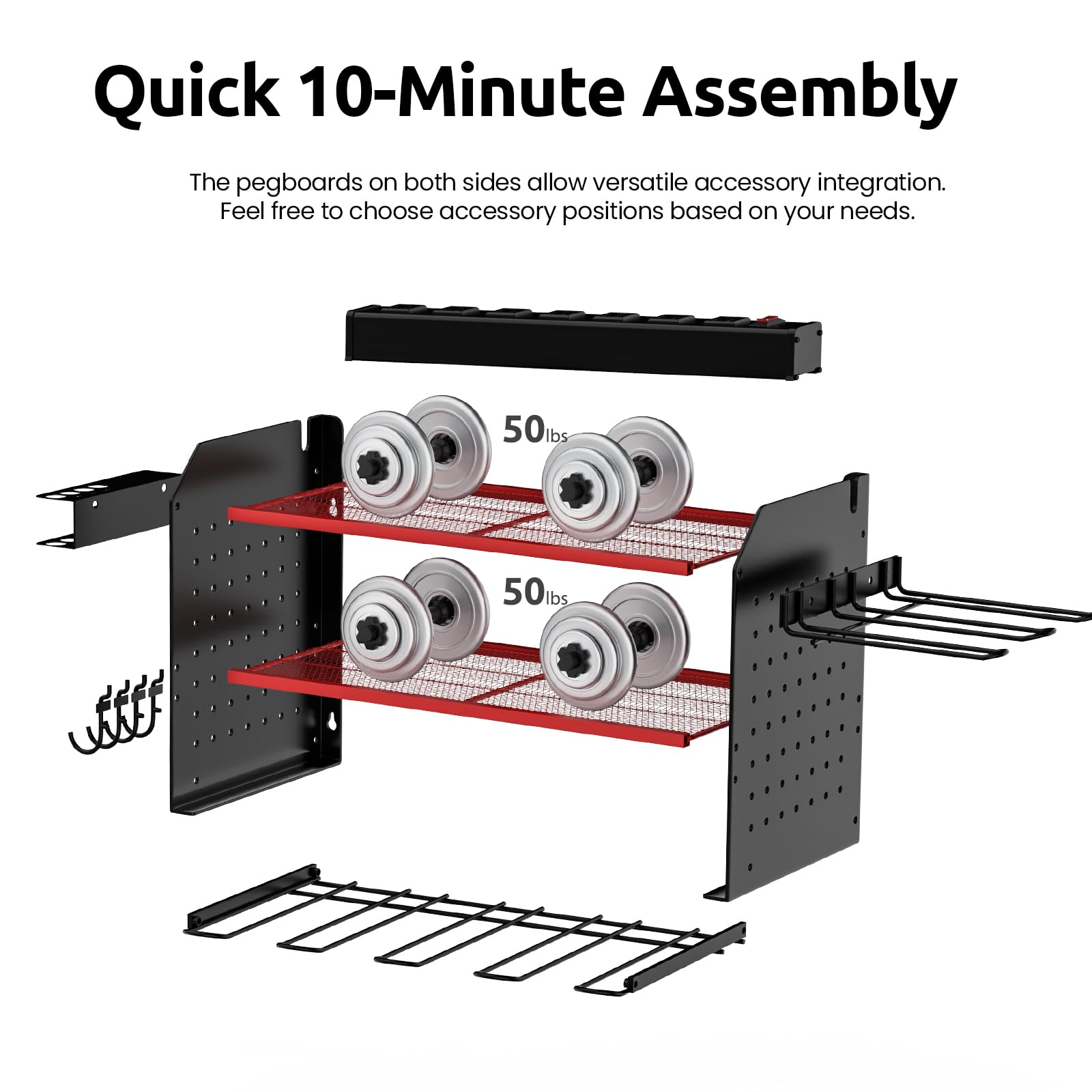FUZVOL Power Tool Organizer Wall Mount With Power Strip 8-outlet Surge Protector, Heavy Duty Garage Storage Shelves Rack With Drill Bit Holder, Cordless Power Tool Holder With Charging Station,Red