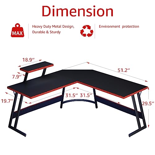 Lufeiya Black L Shaped Gaming Desk - 51 Inch Computer Corner Desks, Carbon Fiber Surface PC Desk Table with Monitor Stand for Home Office Writing, Black