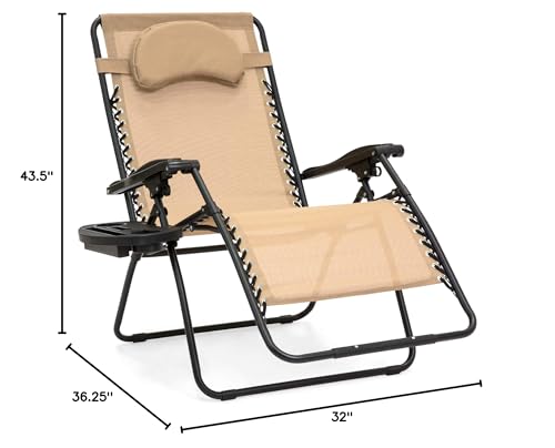 Best Choice Products Oversized Zero Gravity Chair, Folding Outdoor Patio Lounge Recliner w/Cup Holder Accessory Tray and Removable Pillow - Tan