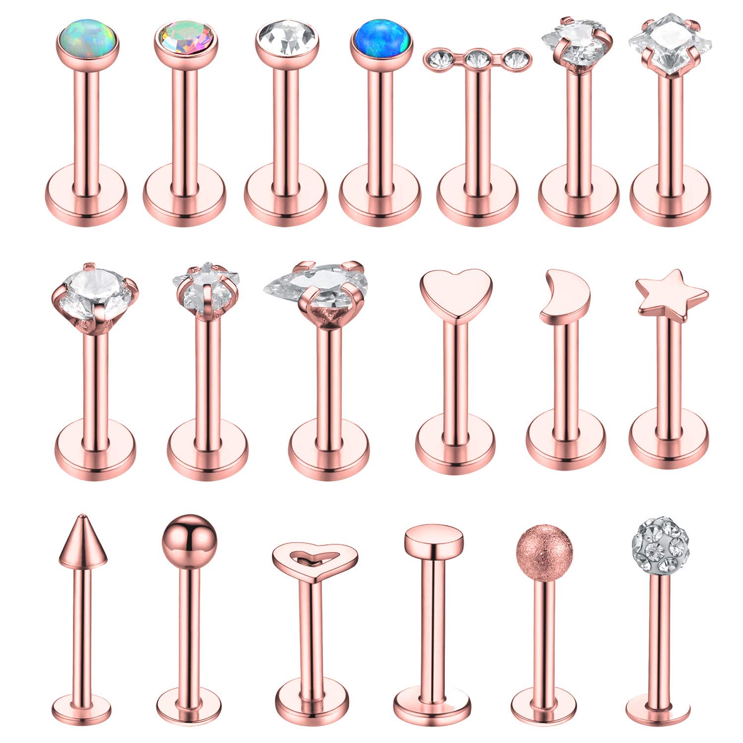 BodyJ4You 19PC Labret Stud Straight Tragus Bar Set 16G Rose Goldtone Lip Retainer Piercing Jewelry