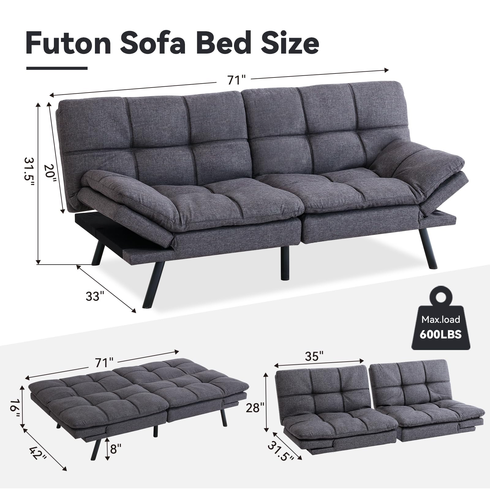 Erdoru Convertible Memory Foam Futon Sofa Bed Couch,Linen Fabric Futon Sofa Couch,Sleeper Futons Sofa Bed,Small Splitback Modern Loveseat Sofa Bed for Living Room,Office,Apartment,Dark Grey