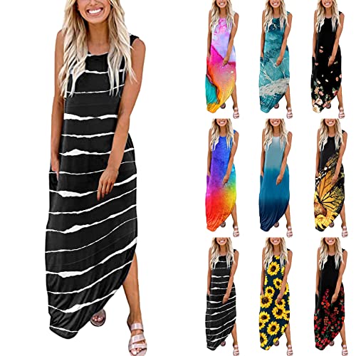 Bodycon Women Summer Spring Maxi Dress O Neck Sleeveless Split Long Boho Pockets Beach Tank Night Side Slit Yellow