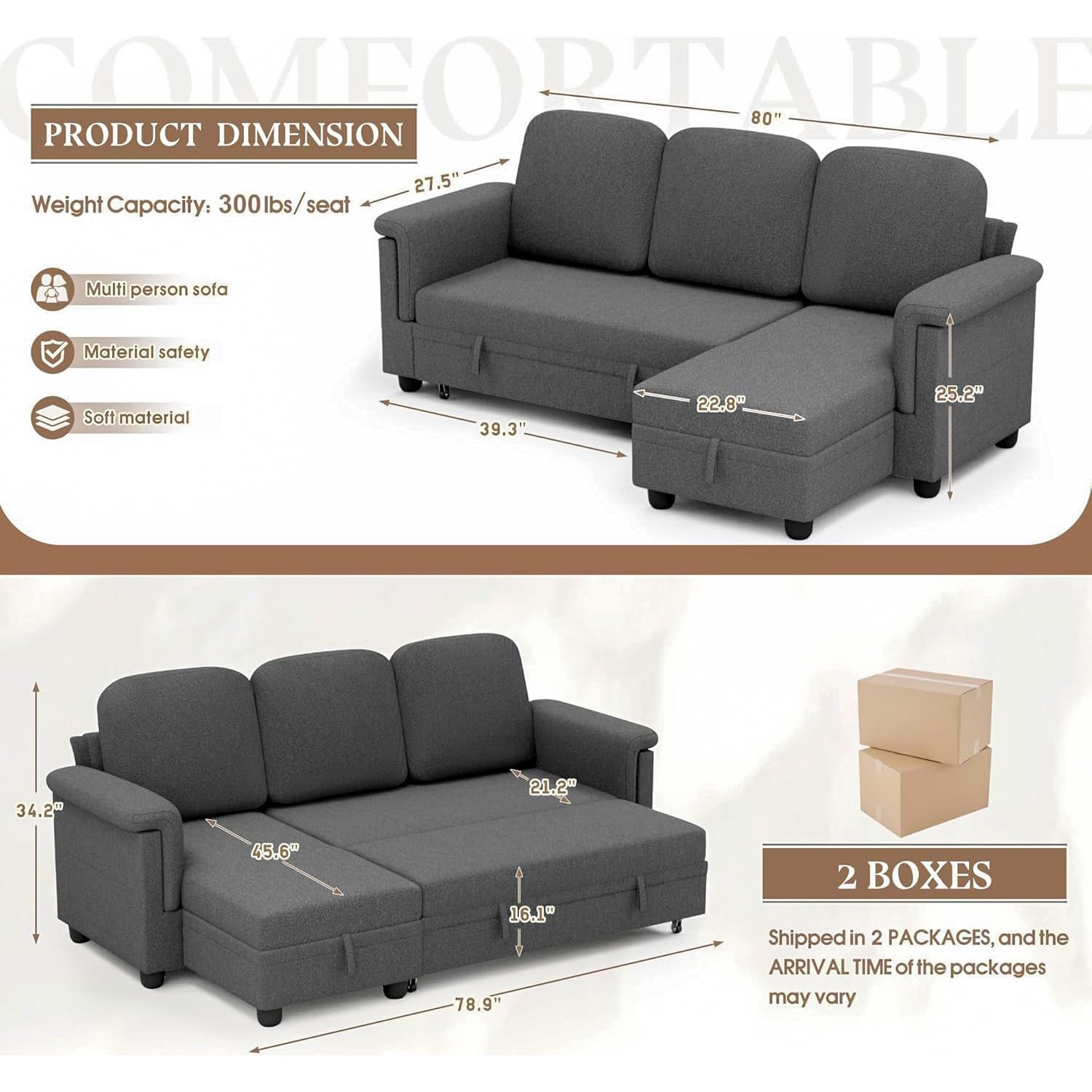 Furmax Sofa Bed Pull Out Couch with Side Storage Pockets L-Shaped Sleeper Sofa with Storage Chaise Sectional Couches for Living Room, Small Apartments (Linen, Gray)
