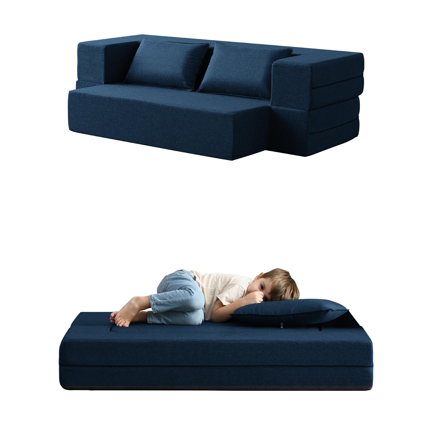 FILUXE Convertible Folding Sofa - Modern Linen Fabric Coffee Table, Foldable Floor & Futon Couch, with Pillow for Living Room/Dorm/Guest Room/Home Office/Apartment,Twin,Navy Blue