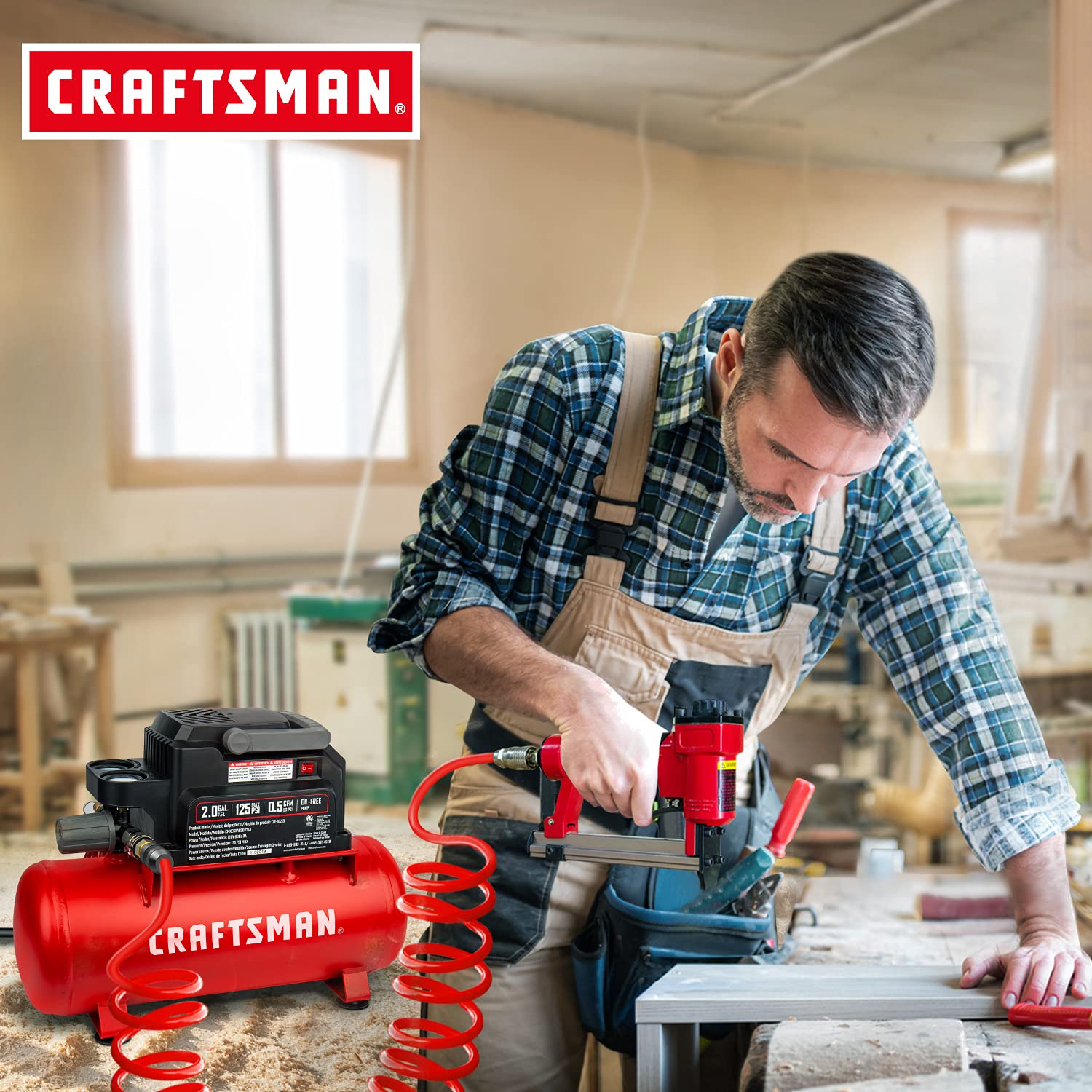 Craftsman Air Tools, 2 Gallon Portable Air Compressor 1/3 HP Oil-Free Max 125 PSI Pressure, Hot Dog, Model: CMXECXA0200243