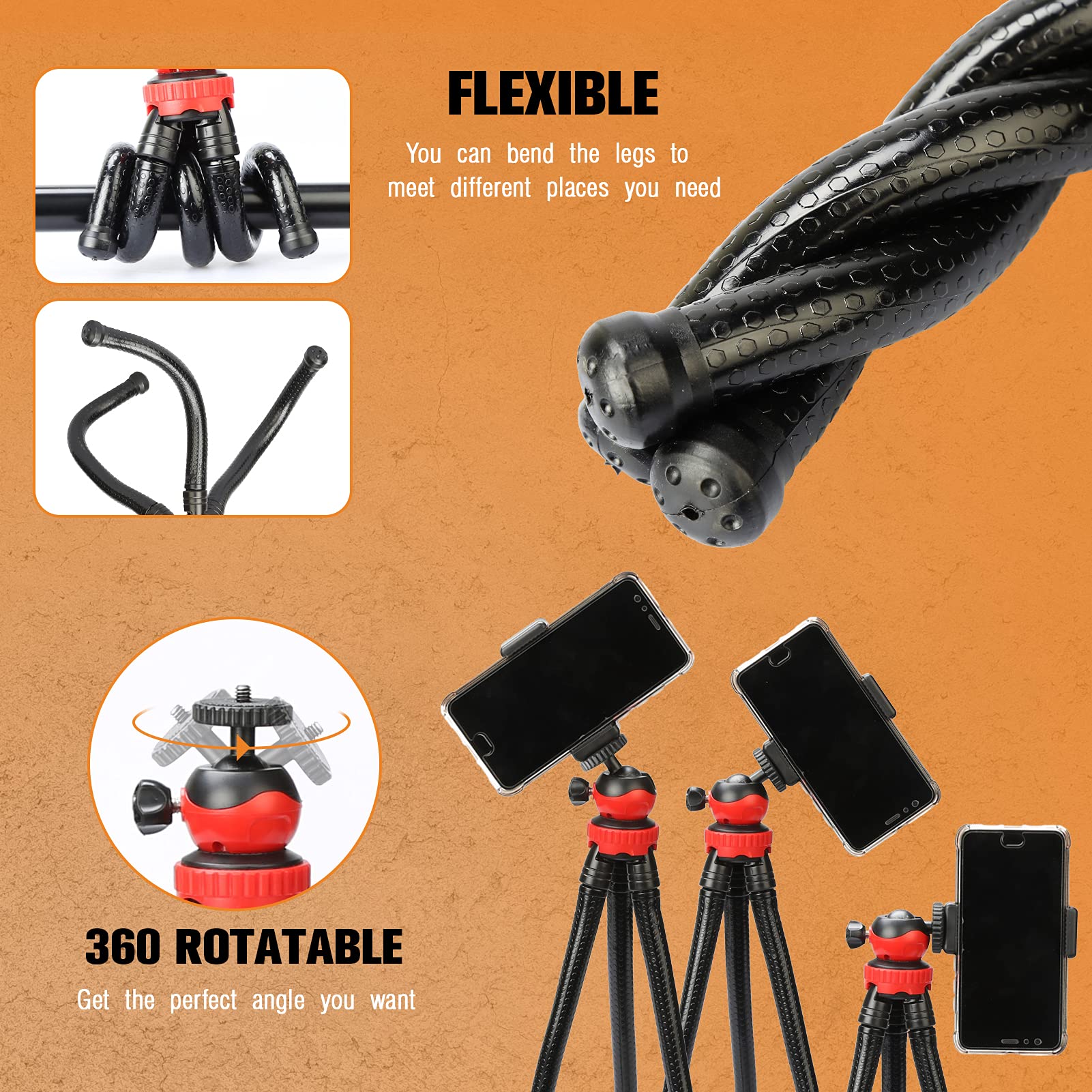 Bendable Tripod for iPhone, Mini Flexible Tripod, Bendy Tripod for Camera/DSLR/Gopro, Nikon/Canon Vlogging Tripod with Wireless Remote Control, Phone Clamp & Bendable Octopus Legs