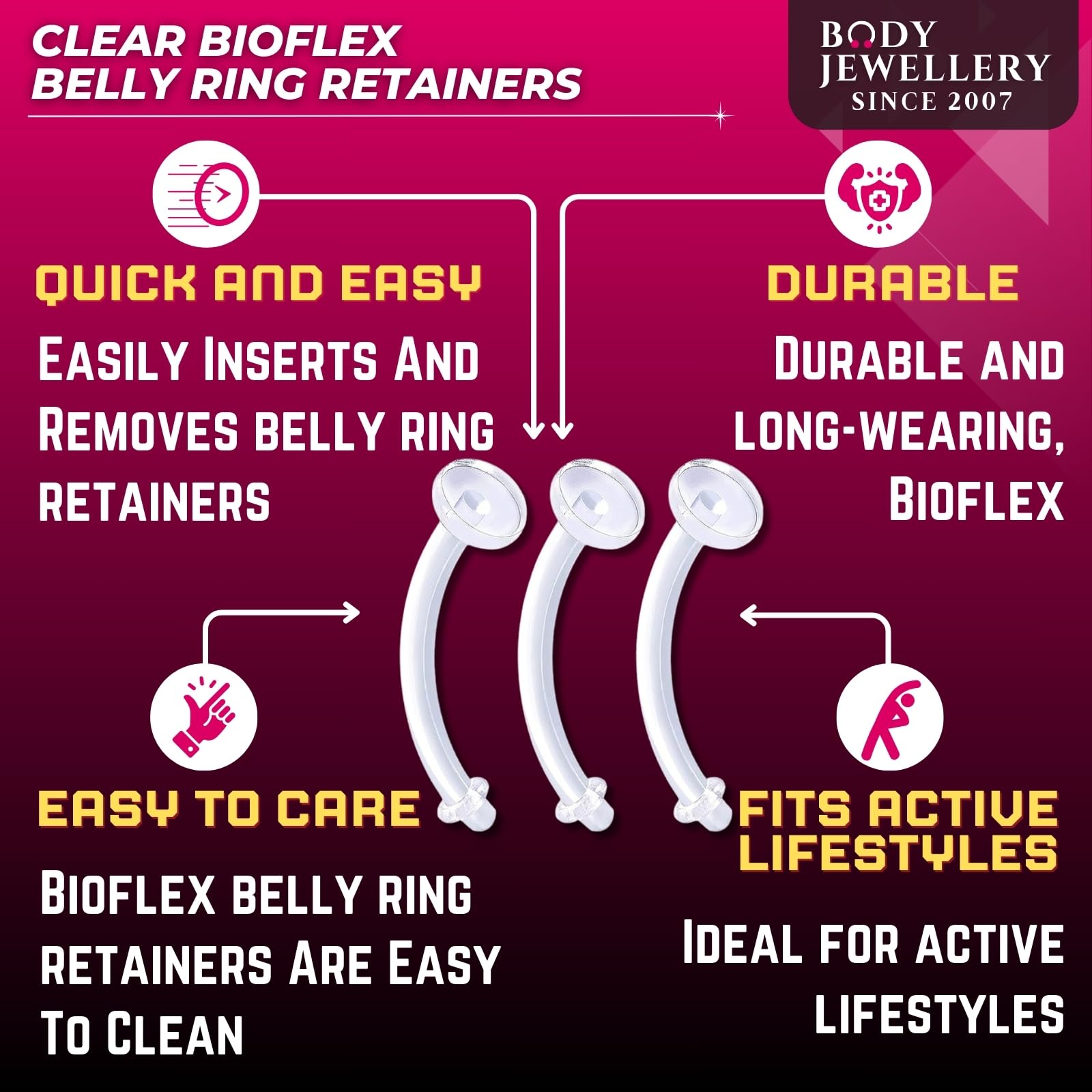 bodyjewellery 3pcs 14g Belly Button Rings Navel Piercing Retainer Clear Flexible Acrylic Bioflex Rubber O Rings Jewelry - 12mm