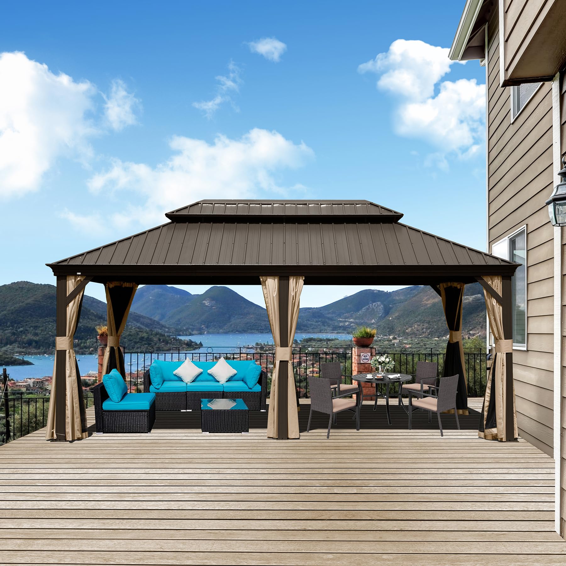 Domi Outdoor Living 12’ X 20’ Hardtop Gazebo, Outdoor Aluminum Frame Canopy with Galvanized Steel Double Roof, Outdoor Permanent Metal Pavilion with Curtains and Netting for Patio, Backyard and Lawn
