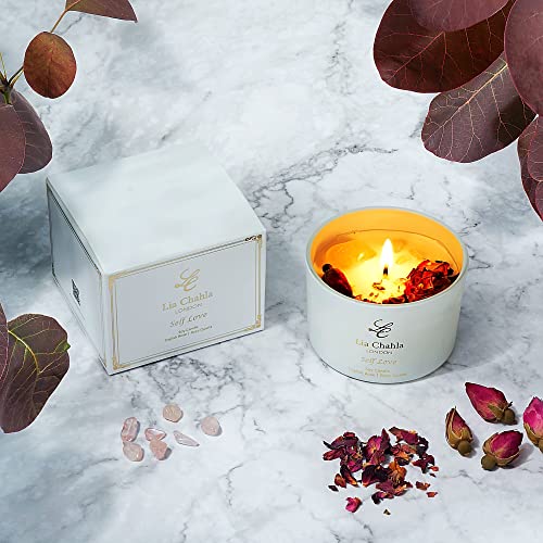 LIA CHAHLA LONDON Luxury ‘Self-Love’ Rose Quartz Candle 6 oz – Scented English Rose Candle – Hidden Gem Candle Infused w/Essential Oils – 100% Soy Candle (Self Love/Rose - Rose Quartz, 6 Oz)