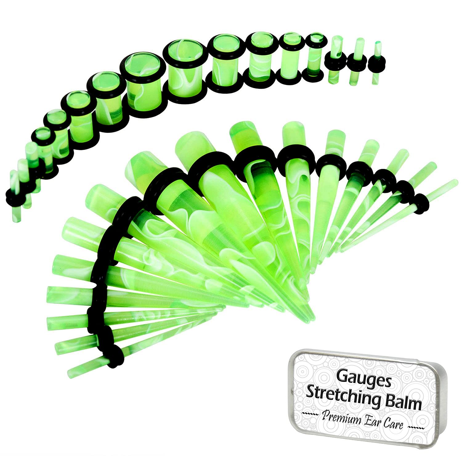 BodyJ4You 33PC Gauge Kit Ear Stretching Aftercare Balm 14G-0G Green White Marble Acrylic Taper Plug