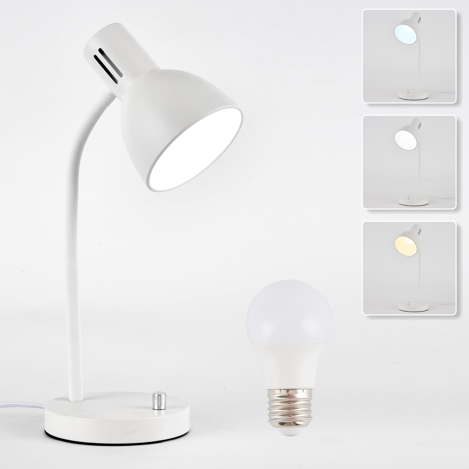 chaotack Metal Small White Desk Lamp,Adjustable Goose Neck Desk Lamps for Home Office Study Room Desks Bedroom Bedside Table Lamp with Free 7W LED Bulb,Eye-Caring Reading Lamps