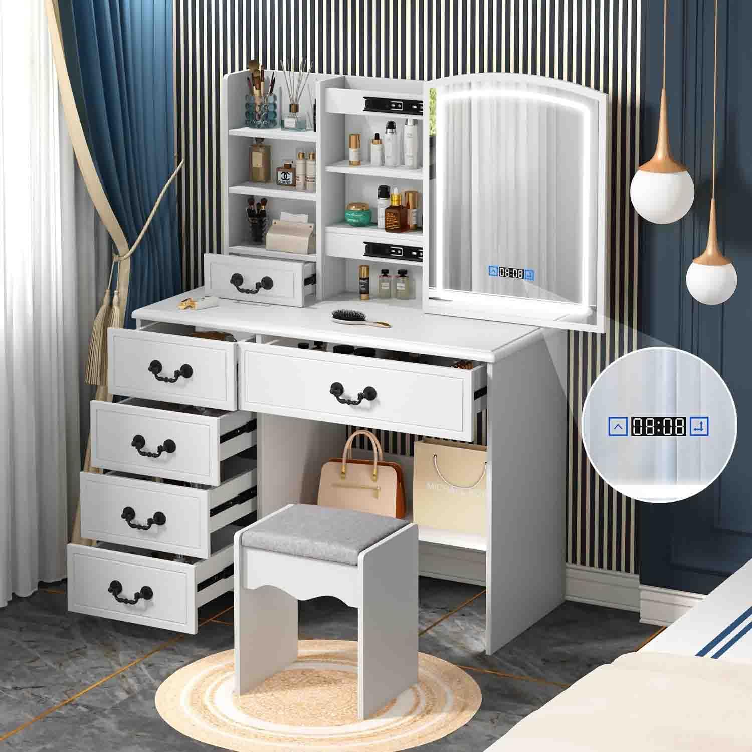 BJYXO Vanity Dressing Table with & time Display Sliding Lighted Mirror, Makeup Vanity Dressing Table with Touch Light 3 Color Lighting Modes Adjustable Brightness for Girls Women