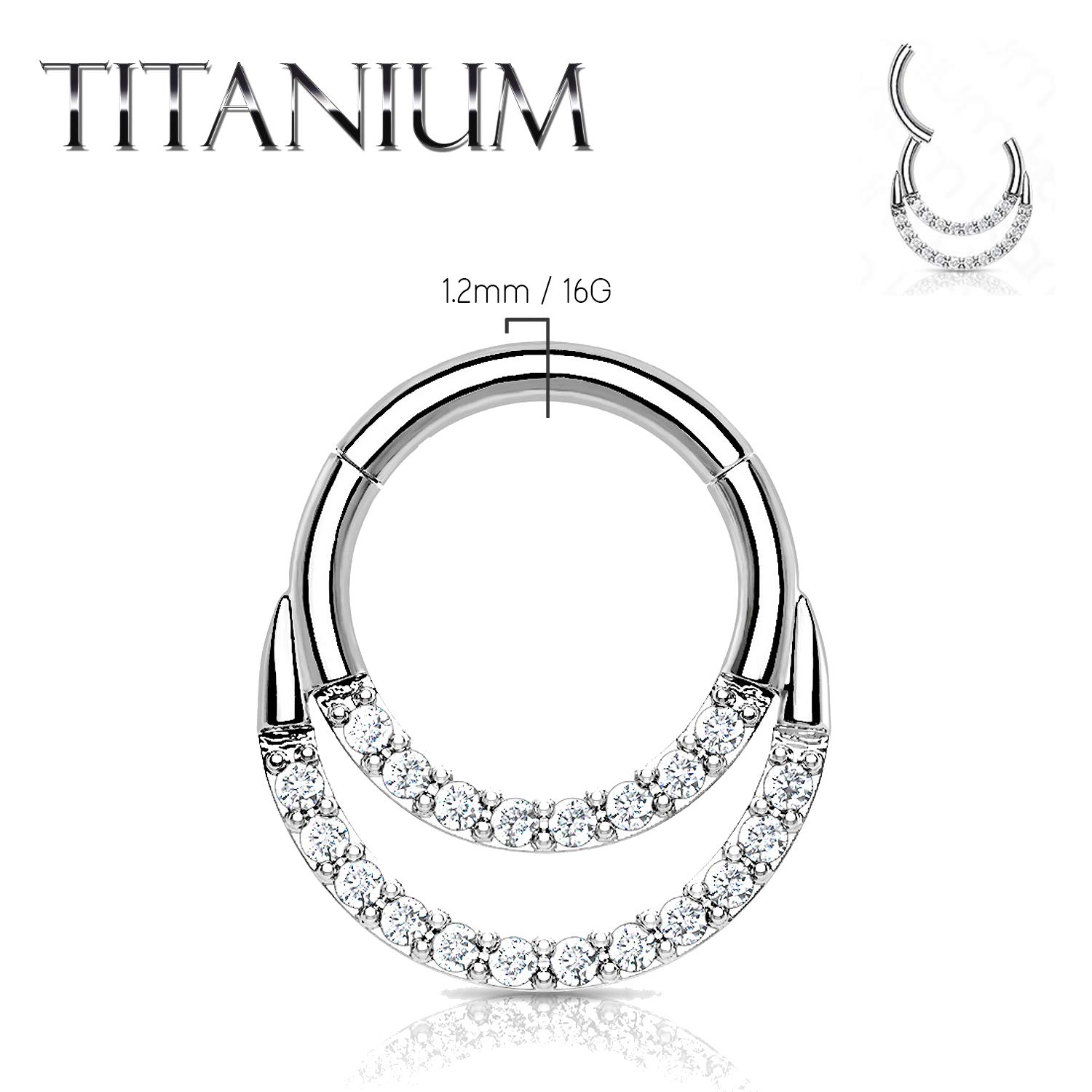 BodyJ4You Piercing Ring 16G Hinged Clicker Hoop Implant Grade Titanium Double Lined Paved CZ Gem Septum Nipple Daith