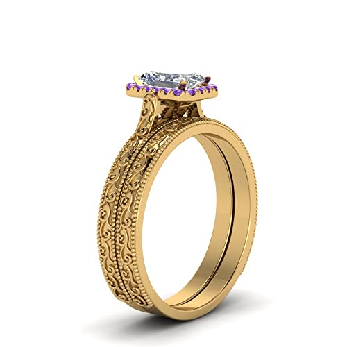 CaratYogi Hand Engraved Halo Radiant Cut Wedding Ring Set Yellow Gold Plated Created Pink Sapphire Radiant Shape Pink Color Wedding Ring Sets Prong Setting in Size 8 Birthstone