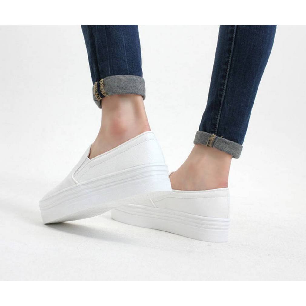 EpicStep Women's White Casual Simple Slip-On Mid Heels Thick Soles Platform Shoes Low Fashion Sneakers 7 M US