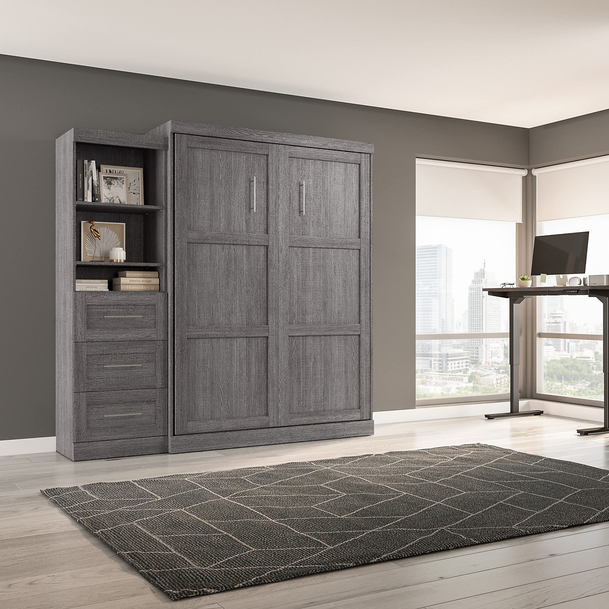 Bestar Pur Queen Murphy Bed and Shelving Unit with Drawers, 90-inch Space-Saving Wall Bed