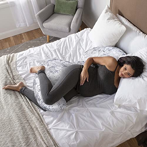 Boppy Total Body Pregnancy Pillow with Removable, Breathable Pillow Cover | Gray Scattered Leaves | Plush Full-Body Support | Prenatal and Postnatal Positioning