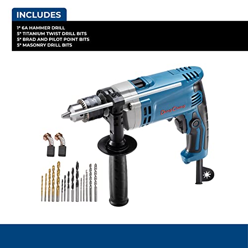 DongCheng Hammer Drill 6A,1/2 Inch Keyed Chuck, 0-3000 RPM/45000 BPM Impact Drill with 15PCS Drilling Bits for Concrete,Metal & Wood, DZJ05-13