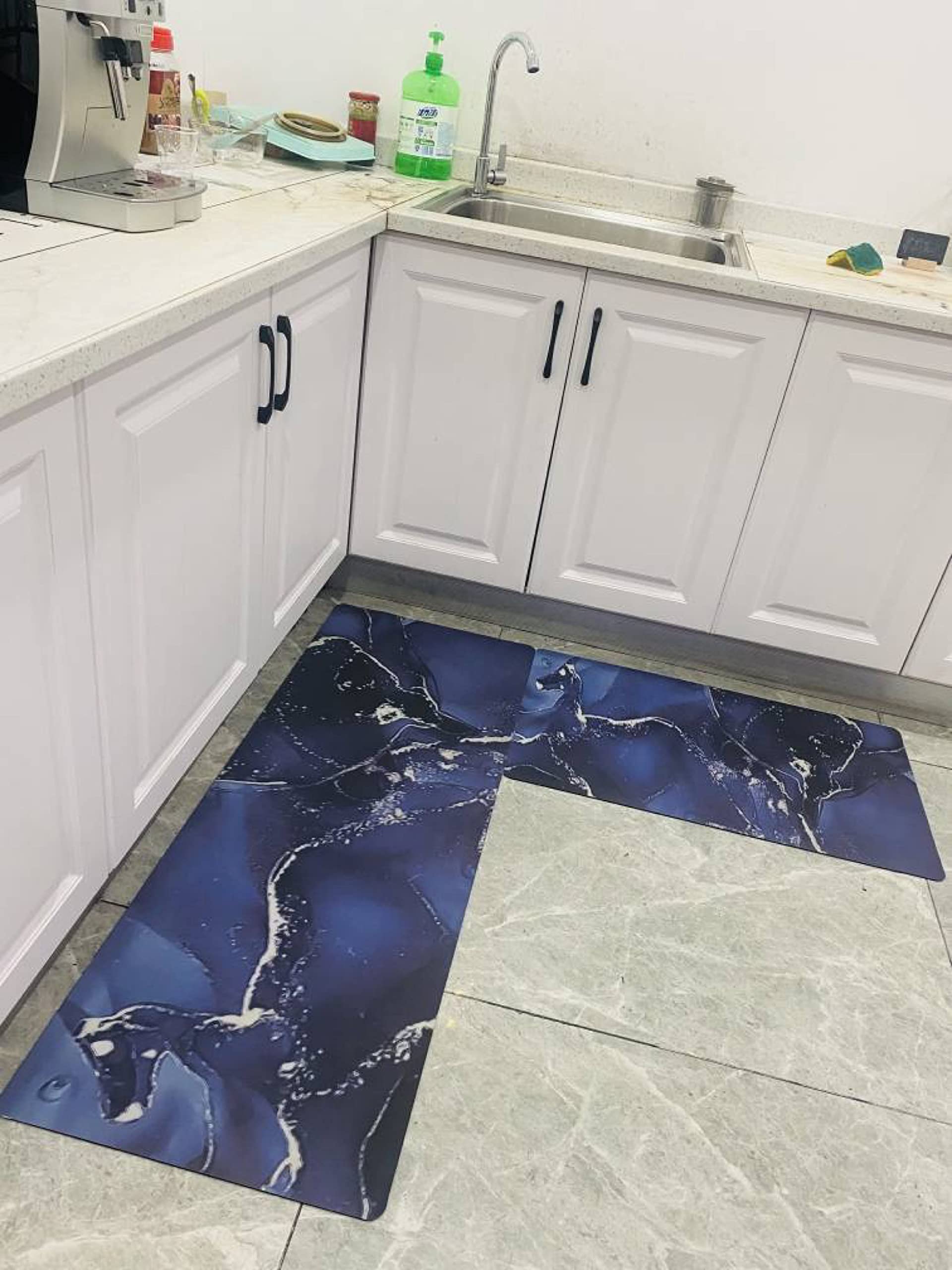 C's Blue Marble 2 Pieces Waterproof Non Slip Kitchen Rug Set PVC Leather Anti Fatigue Kitchen Floor Mat for Kitchen Laundry Decor17 x47 + 17"x30" Blue Marble