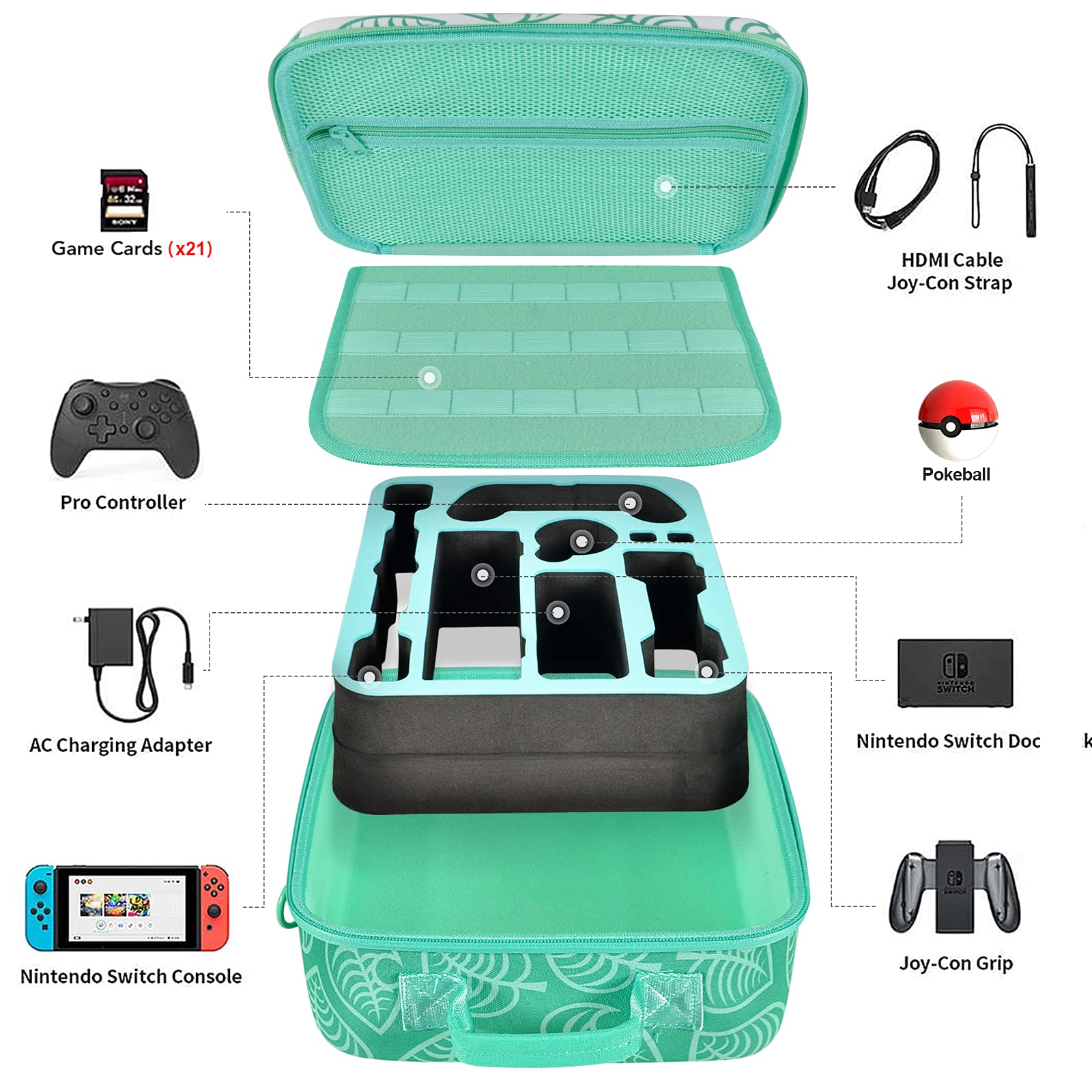 BTMETER Carrying Case for Nintendo Switch, Leaf Crossing Travel Storage handbag, Shoulder Crossbody Bag with 10 Game Cards Slots