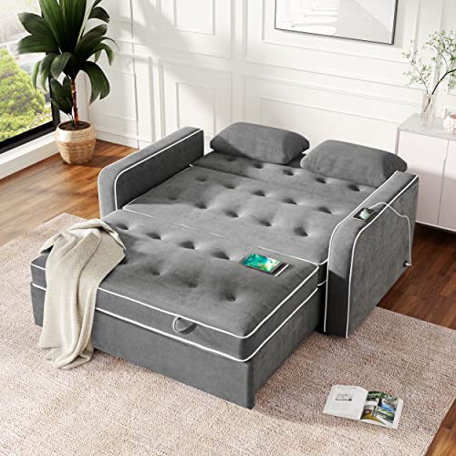 ERYE 3 in 1 Oversized Upholstered Loveseat Convertible Full Size Sleeper Sofa Bed W/ 2 Pillows,Modern Love Seat with Pull Out Couch Bed and USB Charging Ports for Home/Off/ce/Apartment Living Room
